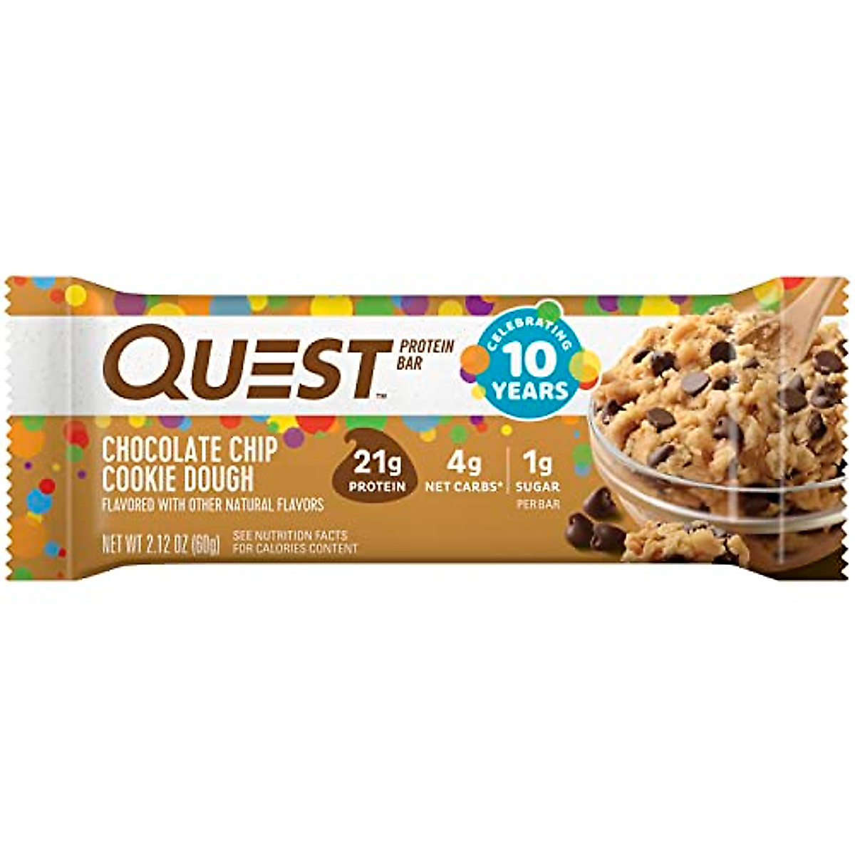 Quest Nutrition Chocolate Chip Cookie Dough - High Protein, Low Carb, Gluten Free, Keto Friendly, 2.12 Oz , 4 Count (Pack of 5)