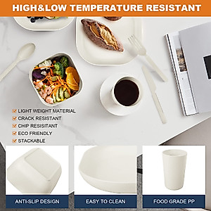 afcevnlb 24 Piece Wheat Straw Square Dinnerware Sets for 4, Unbreakable Dinner Plates and Bowls Sets for Camping Party Grill (White)