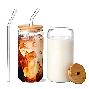 Hemoton 2Pcs Mason Jar with Lid and Straw, 12oz Wide Mouth Mason Jar Drinking Glasses Cups, Reusable Iced Coffee Cup, Cocktail Glasses, Transparent Silicone Sleeve Bamboo Lid, for Juices Cocktail