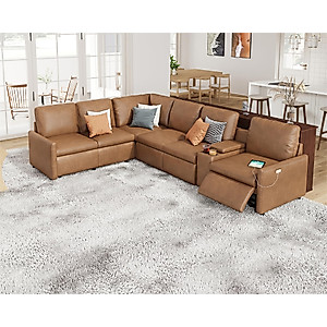AMERLIFE Reclining Sectional Sofa, Power Recliner with Console& Single Right Recliner, 6 Seats L Shaped Couch with Cup Holder& Charging Port, Leather Modular Couch for Living Room