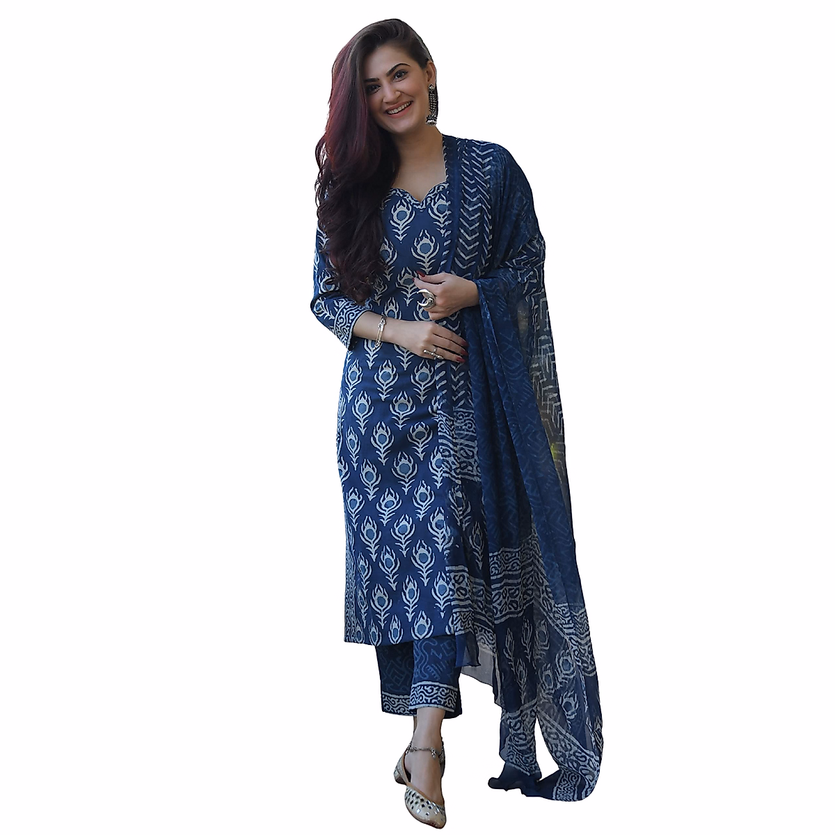 Amayra Women's Rayon Printed Straight Kurti with Palazzos and Dupatta Set(Blue,M)
