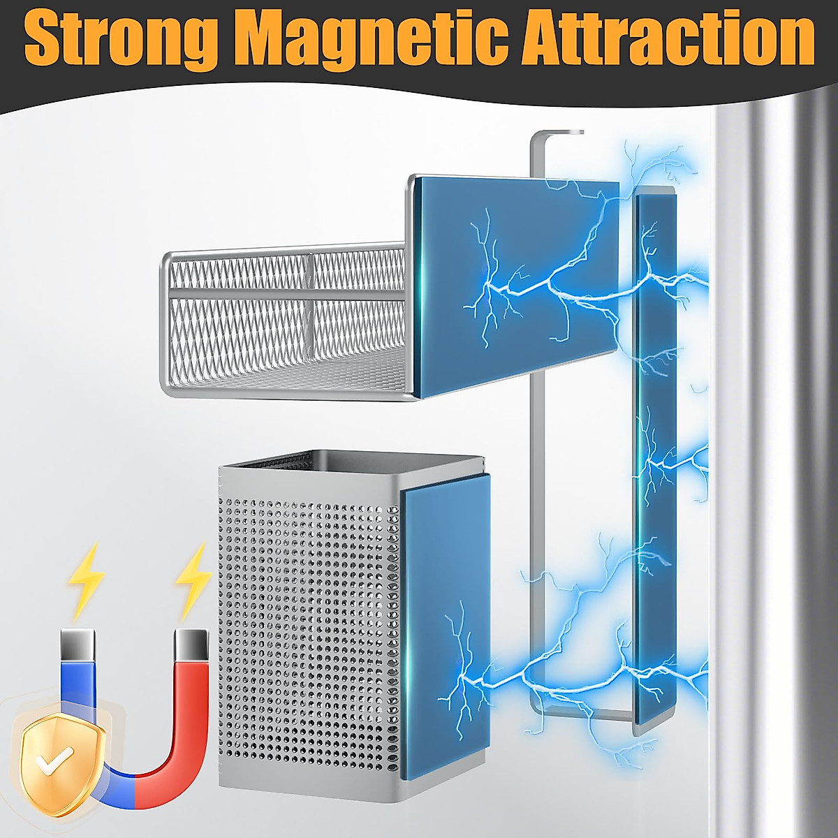 DTUQYX Magnetic Spice Rack for Refrigerator, 6 Pack Metal Magnetic Shelf Grey, Moveable Spice Organizer, Strong Magnetic Storage Fridge Organizer with Paper Towel Holder, Utensils Holder