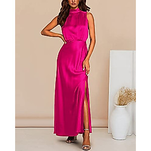 BTFBM Women Sleeveless Mock Neck Cocktail Dresses Keyhole Elastic Waist Party Wedding Guest Satin High Split Maxi Dress(Solid Rose Red, Medium)