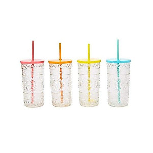 Myxx Tabletop Tiki Hut Party Decoration Lazy Susan Cup Holder with 4 Assorted Glasses