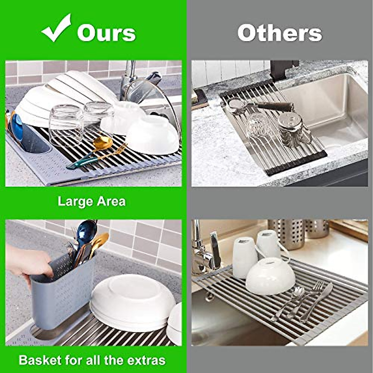 NiHome Roll Up Dish Drying Rack with Utensil Holder Over The Sink Dish Drying Rack Detachable Stainless Steel Dish Drainer,17.7" x14.7" Wide