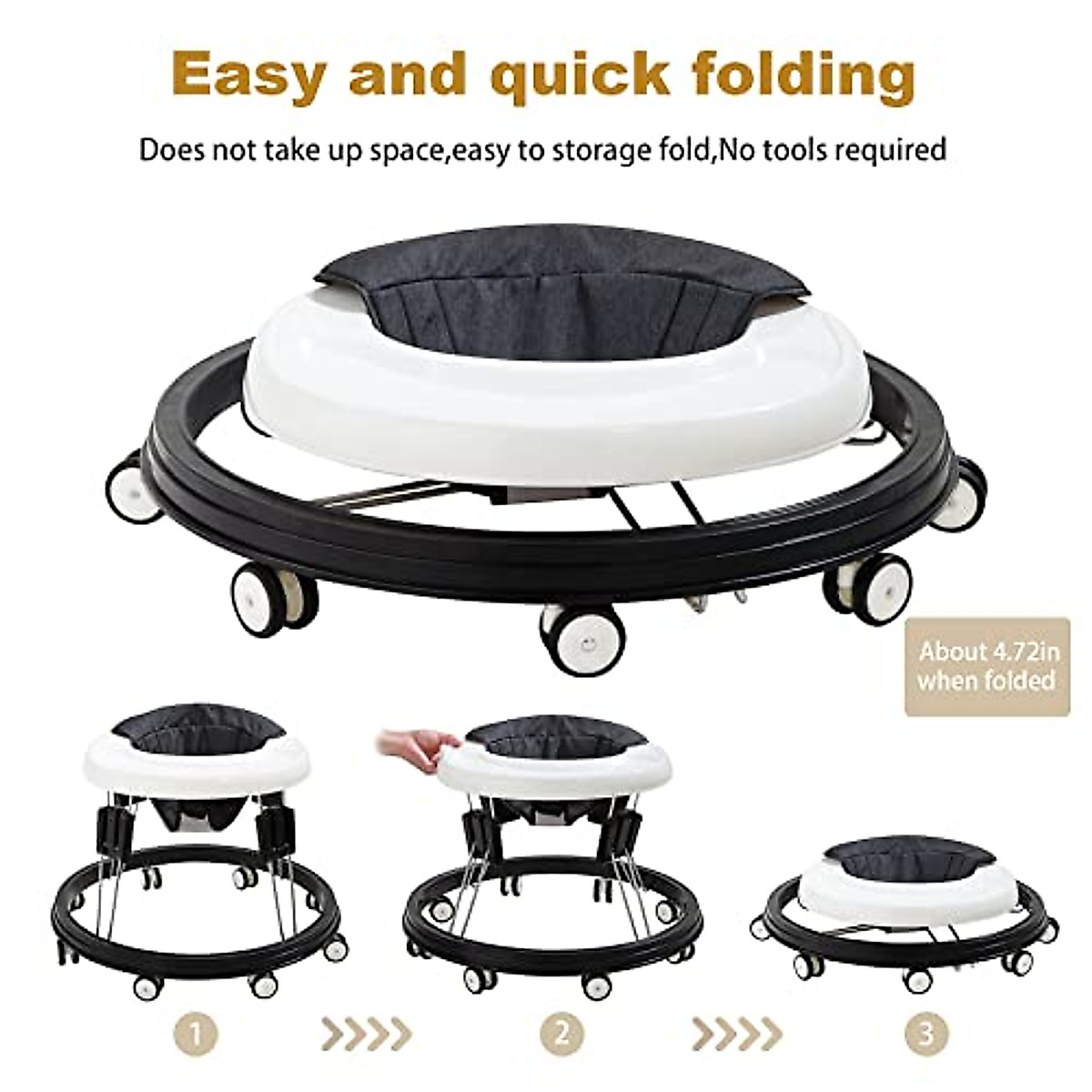 Quocdiog Baby Walker Foldable Adjustable Height,Multi-Function Anti-Rollover Toddler Walker,Suitable for All terrains for Babies Boys and Girls 6-18Months 9 Heights Adjustable (Black)