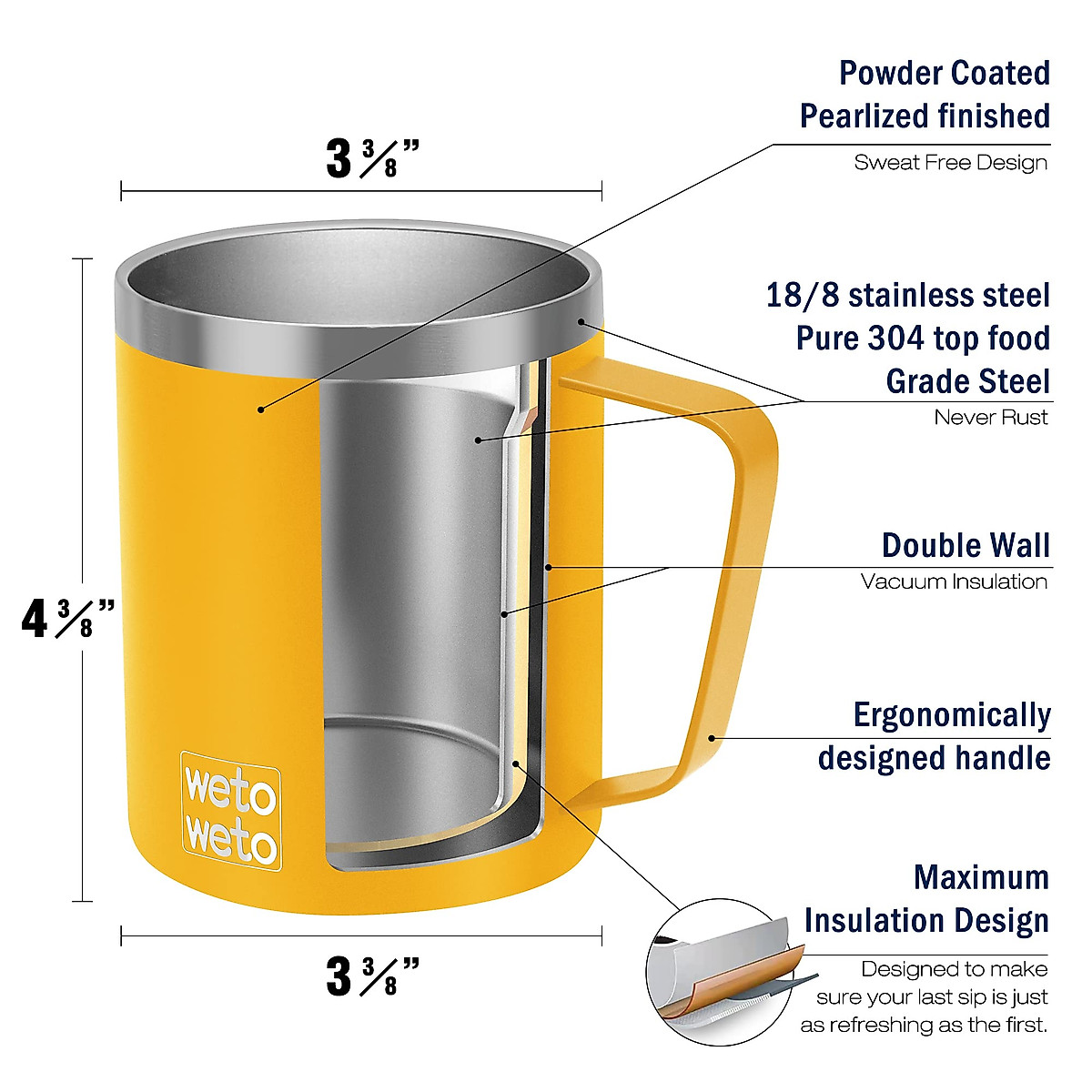WETOWETO 14 oz Coffee Mug, Vacuum Insulated Camping Mug with Lid, Double Wall Stainless Steel Travel Tumbler Cup, Coffee Thermos Outdoor, Powder Coated Alpine Yellow