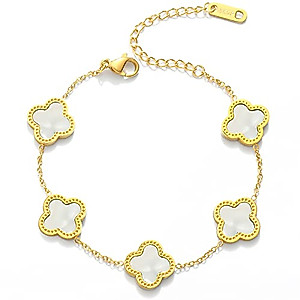 Link Bracelets for Women Girls Trendy Bracelet Cute Plated 18K Gold Lucky Adjustable Clover Link Bracelets Mother's Day Christmas Gift Jewelry (White)