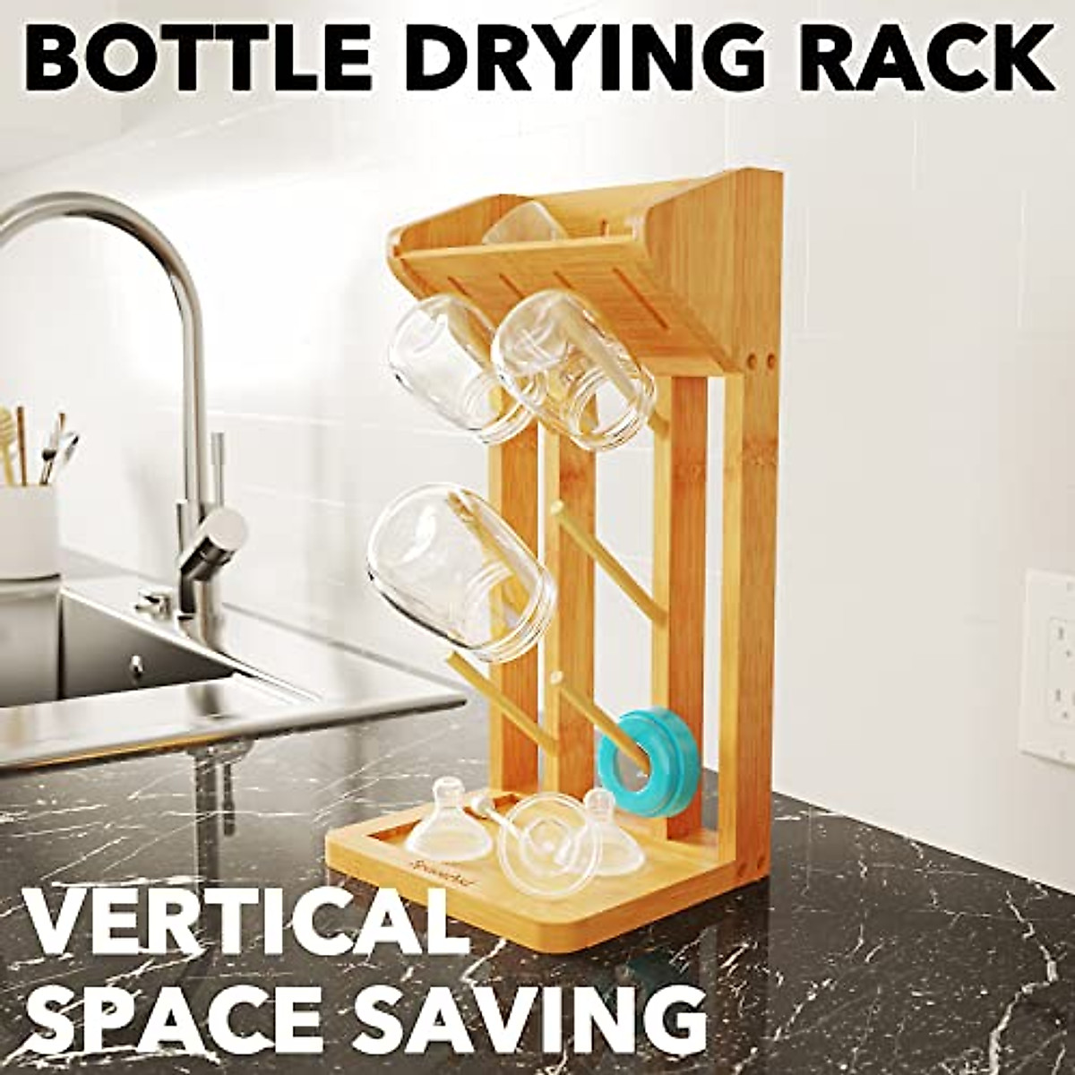 SpaceAid Bamboo Baby Bottle Drying Rack, Space Saving Kitchen Bottles Holder Organizer for Baby Bottle Rack Dryer Storage Accessories (Natural, 6 Bottles)