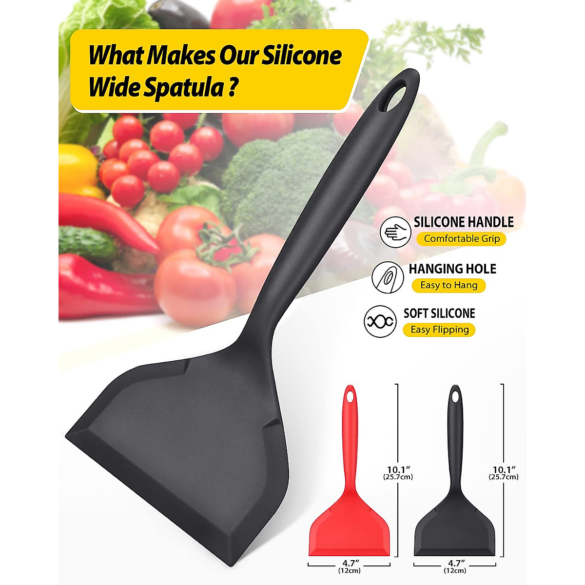 Pack of 2 Wide Silicone Spatula,Nonstick Pancake Shovel with Short Handle, Fried Flexible Turner, BPA Free Kitchen Cookwares for Egg, Cookie, Omelette, Fish, Burgers