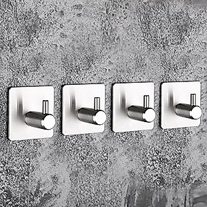 SKEMIX Self Adhesive Hooks,Heavy Duty Wall Hooks Coat Hooks Robe/Towel Hooks, 304 Stainless Steel Brushed Nickel Bathroom Kitchen Organizer (4-Pack)