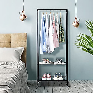 Ochine Clothing Rack Clothing Garment Rack, Heavy Duty Clothes Rack Portable Closet Organizer with 2-Tier Shelves, Metal Freestanding Closet Wardrobe Rack Portable Clothes Rack with Bottom Shelves