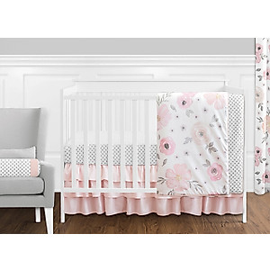 11 pc. Blush Pink, Grey and White Watercolor Floral Baby Girl Crib Bedding Set by Sweet Jojo Designs - Rose Flower Polka Dot