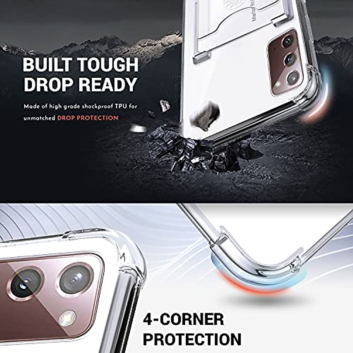 Shields Up for Galaxy Note 20 Case, Samsung Note 20 Case, Minimalist Wallet Case with Card Holder [3 Cards] & Ring Stand, [Drop Protection] Slim Protective Cover for Samsung Galaxy Note 20 5G - Clear