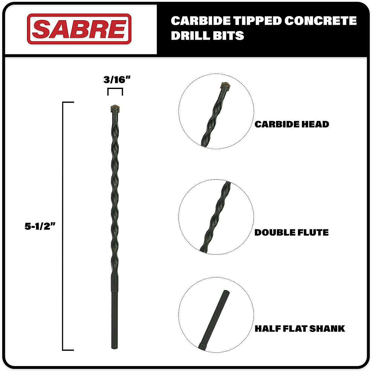 Sabre Tools 3/16 Inch x 5-1/2 Inch Masonry Drill Bit, 10-Pack Concrete Drill Bit, Carbide Tipped for Concrete, Brick, Stone, Half Flat Shank, Impact Performance (3/16" x 5.5", 10)