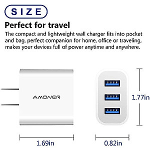USB Wall Charger, Amoner 2Pack 15W 3-Port USB Plug Cube USB Cube Power Adapter for iPhone 14/13/12/11/Pro/ProMax/Xs/XR/X/8, Galaxy S22 S21 and More