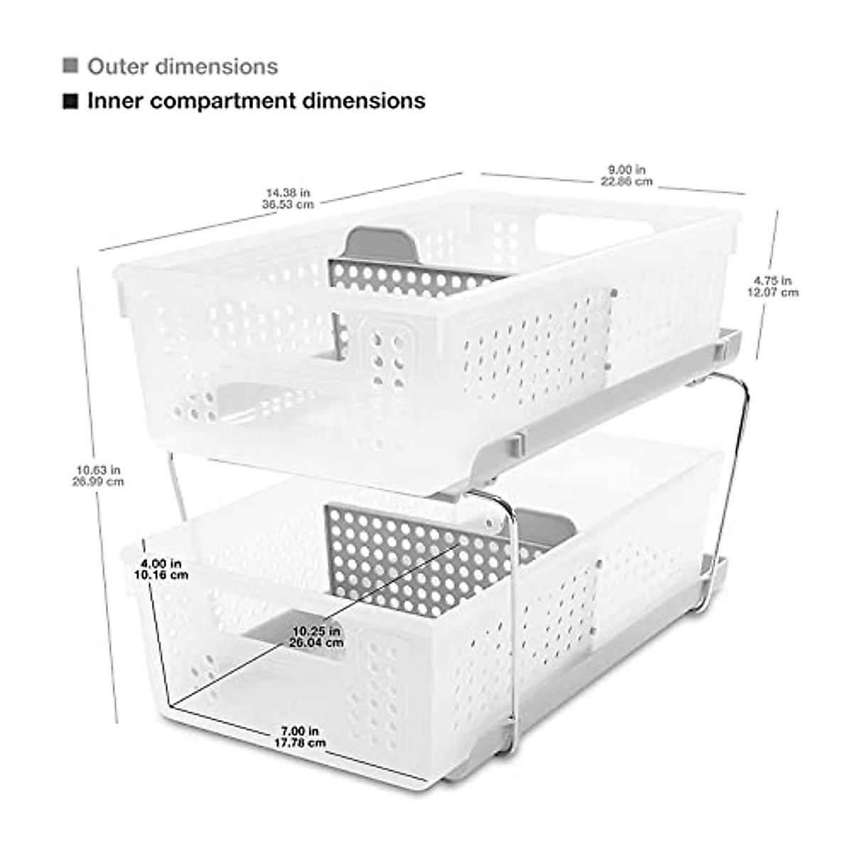 madesmart 2-Tier Organizer, Multi-Purpose Slide-Out Storage Baskets with Handles and Dividers, Frost