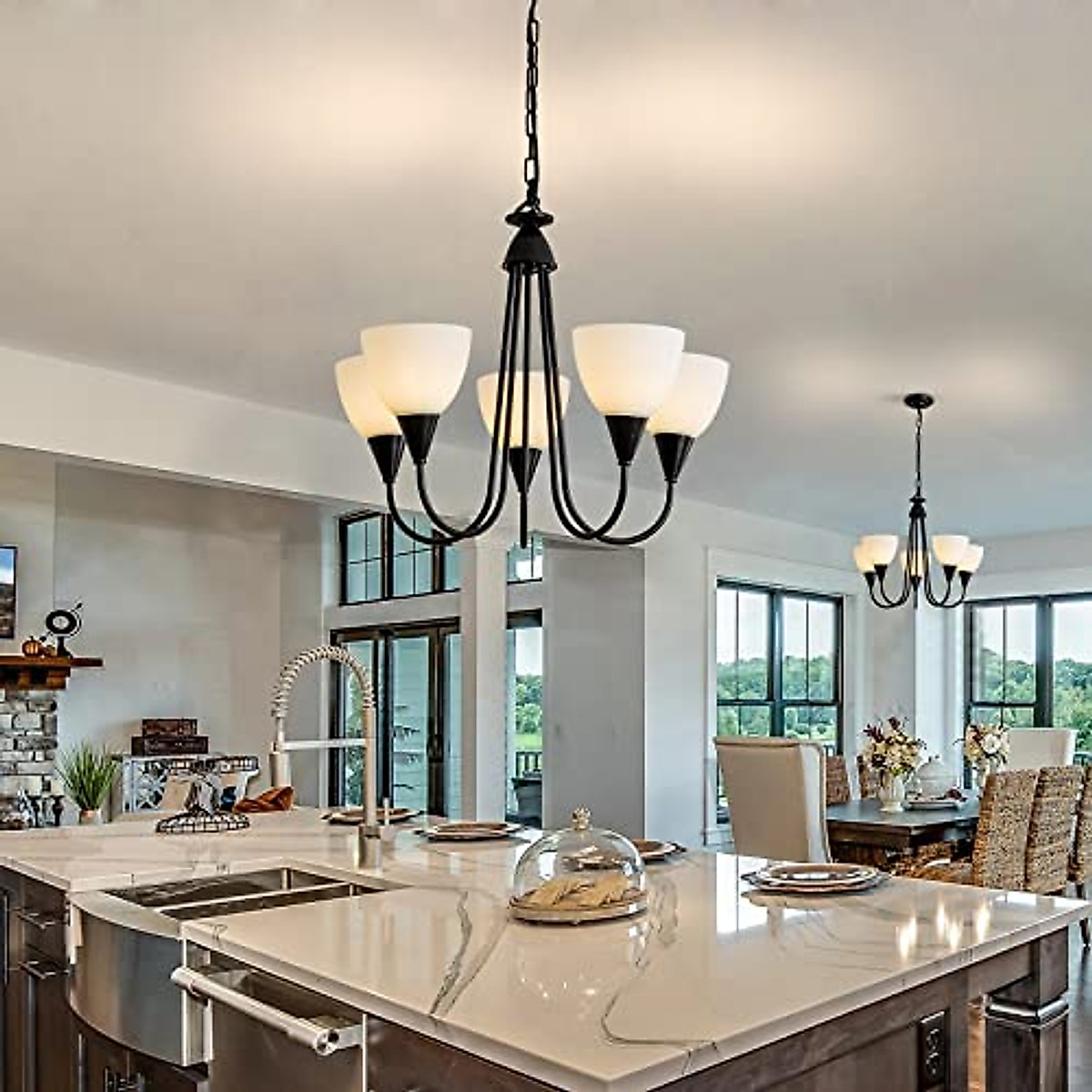 HuisMier 5 Light Contemporary Chandeliers with Alabaster Glass Shade, Modern Black Dining Room Chandelier Mid Century Hanging Pendant Lighting Fixtures for Living Room Foyer Bedroom