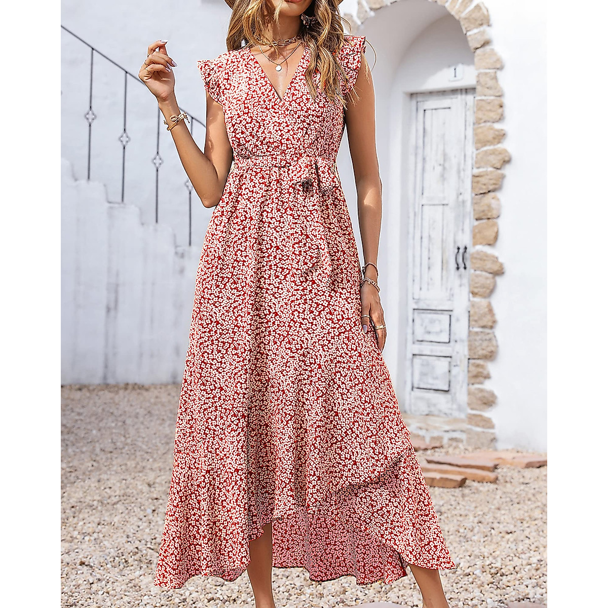 BTFBM Summer Floral Maxi Dress for Women 2025 Vacation Ruffle Sleeve V Neck Belt Wrap Spring Beach Wedding Guest Dresses(Floral Print Red, X-Large)