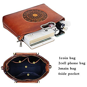 Genuine Leather Purses and Handbags for Women Fashion Ladies top handle Satchel Vintage Embossing Totem Shoulder Crossbody Bag (Brown)