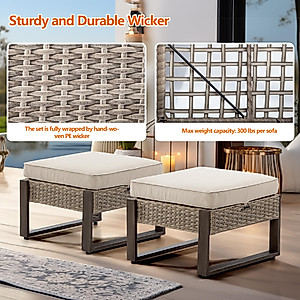 Gardenbee 2 Pieces Outdoor Patio Ottoman, All-Weather PE Rattan Ottomans Footstools with Removable Cushions & Anti-Rust Steel Frame Legs for Garden Backyard Porch Deck, Beige