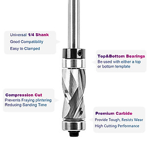 SpeTool Carbide Compressiom Flush Trim Router Bit Top & Bottom Bearing 1/2 inch Cutting Dia with 1/4 inch Shank Pattern Template Woodworking Tool