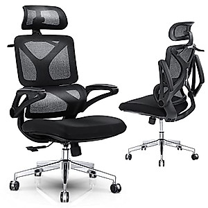 Memobarco Office Chair, Ergonomic Desk Chairs with Flip Up Armrest and Lumbar Support, Computer Mesh Chair with Adjustable Headrest and Tilt Function for Home Office Task
