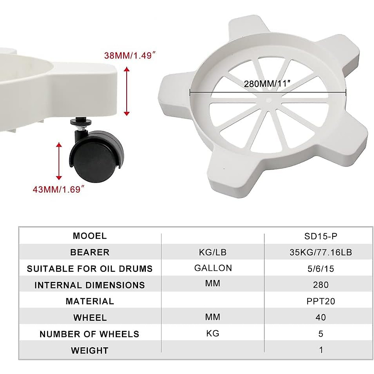 KOBSAINF 5 Gallon Bucket Dolly with 5 Smooth-Rolling Swivel Casters,75 lbs,No Tip or Spilling for 5 Gallon Bucket and Flowerpot,11" Inside Diameter
