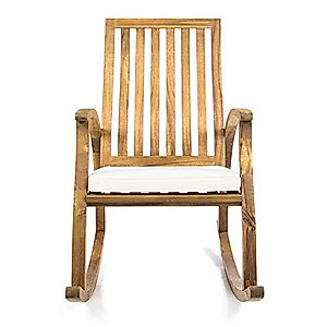 GDFStudio Caleb Outdoor Acacia Wood Rocking Chair with Water Resistant Cushion (Natural Stained/Cream)