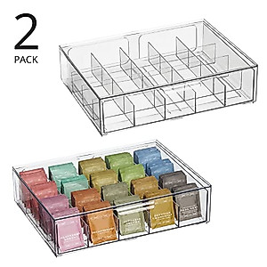 mDesign Divided Plastic Tea Organizer Bin with Drawer - Stackable Tea Bag Holder for Kitchen, Pantry, and Cabinet - Caddy with Small Dividers - 20 Sections - Lumiere Collection - 2 Pack - Clear
