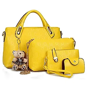 GJGJTER Women Synthetic PU Leather Tote Handbag Wallet 4pcs Set Clutch Purse Satchels with Bear Pendant-Yellow