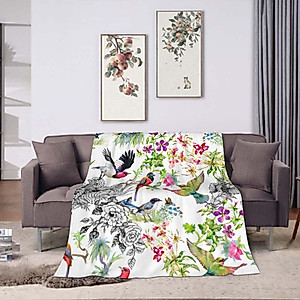 Throw Blanket 30x40 Inch,Green Leaves Flowers Colorful Birds Flannel Soft Cozy Fluffy Throw Blankets and Warm Throws for Adults in Couch Sofa Bed 40x30 Inch
