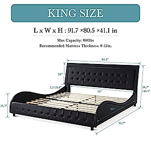 HOOMIC King Size Platform Bed Frame with Adjustable Headboard, Upholstered Bed, Mattress Foundation, Wood Slat Support, No Box Spring Needed, Easy Assembly, Black
