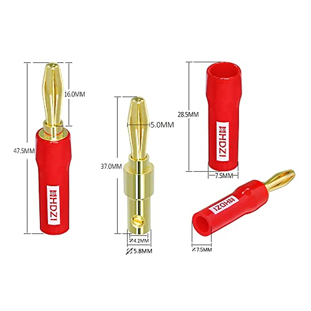 HHDZI 24 K Gold Banana Plugs, no Welding, Speaker Cable Banana Plugs, Audio Connector Adapter, Suitable for Speaker Cable, Wall Audio and Video Receiver, Amplifier and Sound System