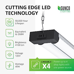 Sunco Lighting 32 Pack Shop Lights LED 4ft Plug in Linkable Workshop Fixture, 4100 LM, Link Up to 4, 5FT Power Cable, Surface or Suspension Mount, 40W, 6000K Daylight Deluxe, 48 Inch, Frosted ETL