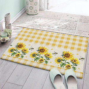 Bathroom Rugs Sunflower Summer Farm Style Rustic Yellow Buffalo Plaid Indoor Doormat Bath Rugs Non Slip, Washable Cover Floor Rug Absorbent Carpets Floor Mat Home Decor for Kitchen (16x24)