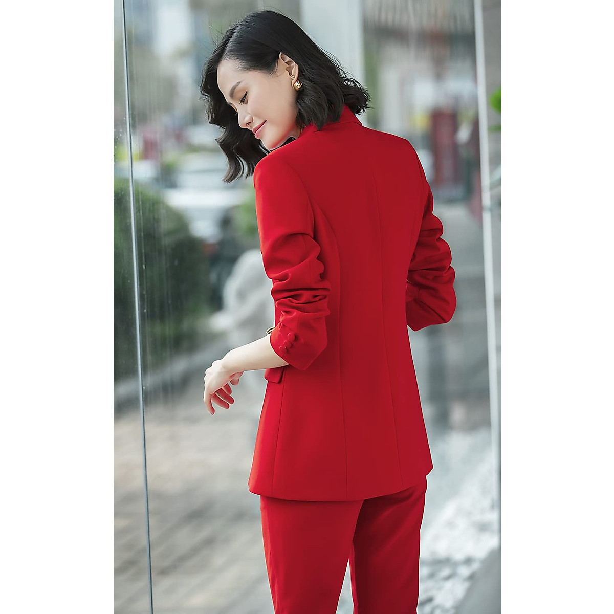 LISUEYNE Women’s Two Pieces Blazer Office Lady Suit Set Work Blazer Jacket and Pant (Red, Medium)
