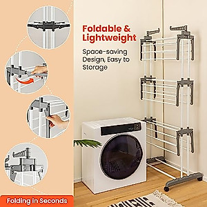 Tangkula 4-Tier Clothes Drying Rack, Collapsible Laundry Rack Stand with 2 Hanger Holders, 3 Tier Retractable Trays, 1 Bottom Shoe Rack, Movable Garment Drying Station with 4 Castors (Silver)