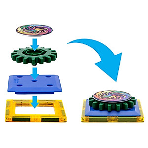 PicassoTiles 101 Master Builder Magnetic Building Block Toy Set Construction Magnet Tile Blocks Education Toys with 22 Optical Illusion Spinning Disk, 27 Gear Wheels and Engineering Columns PTW101