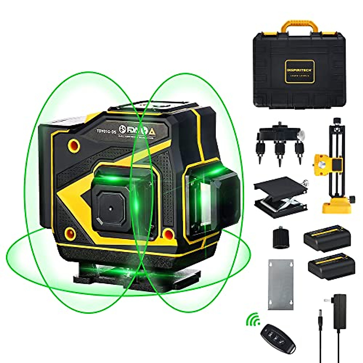 INSPIRITECH Tile Laser Level Self Leveling 3D Alignment Guide,3x360° Horizontal Vertical 12 Cross Lines, Green Beam Lazer Leveler Tool for Floor Ceiling Wall with 2 Lithium Batteries