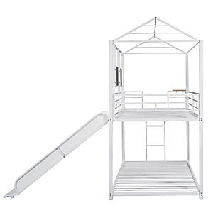 Bellemave Twin Over Twin Metal Bunk Bed with Slide, House Bunk Bed with Roof and Guardrails for Kids, Teens, Girls, Boys (White)