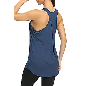 Bestisun Long Yoga Workout Tank Tops Tennis Sports Shirts Loose fit Gym Exercise Clothes for Women Navy Blue M