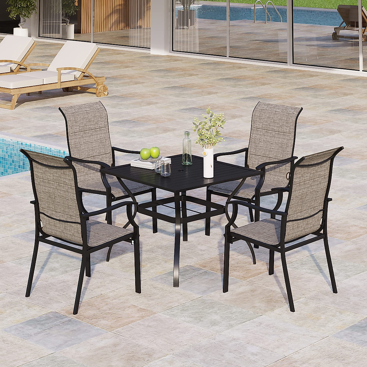 MIXPATIO 5 Pieces Patio Dining Set, 4 People Outdoor Furniture Set, 37" Square Metal Table with 1.57" Umbrella Hole, 4 Padded Textilene Standard Chairs，for Deck Garden Backyard Lawn Poolside