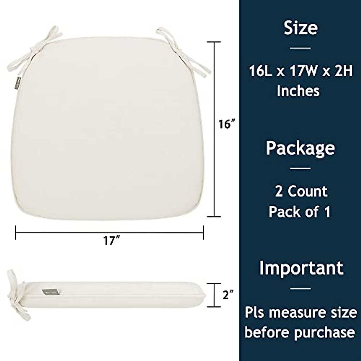 Magpie Fabrics 17"x16"x2" U-Shape Chair Cushions with Ties 2 Count, Outdoor Indoor Waterproof All Weather Seat Pads Decoration for Patio Garden Dining Office - Cream Beige
