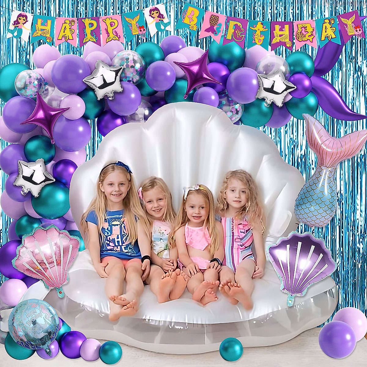 109Pcs Mermaid Theme Birthday Decorations for Girl Mermaid Party Supplies Including Tablecloth Backdrop Banners Cake Toppers Mermaid Foil Balloons and Latex Balloons Fringe Curtain Decorations Kit