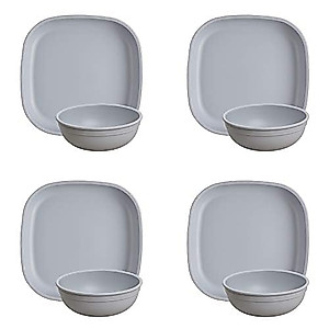 Re-Play Made in USA Set of 4 Flat Toddler Plates and 4 Bowls - Reusable 9" Kids Plates and 20 Oz. Toddler Bowl Set, Microwave and Dishwasher Safe - Toddler Plates and Bowls Set, Grey