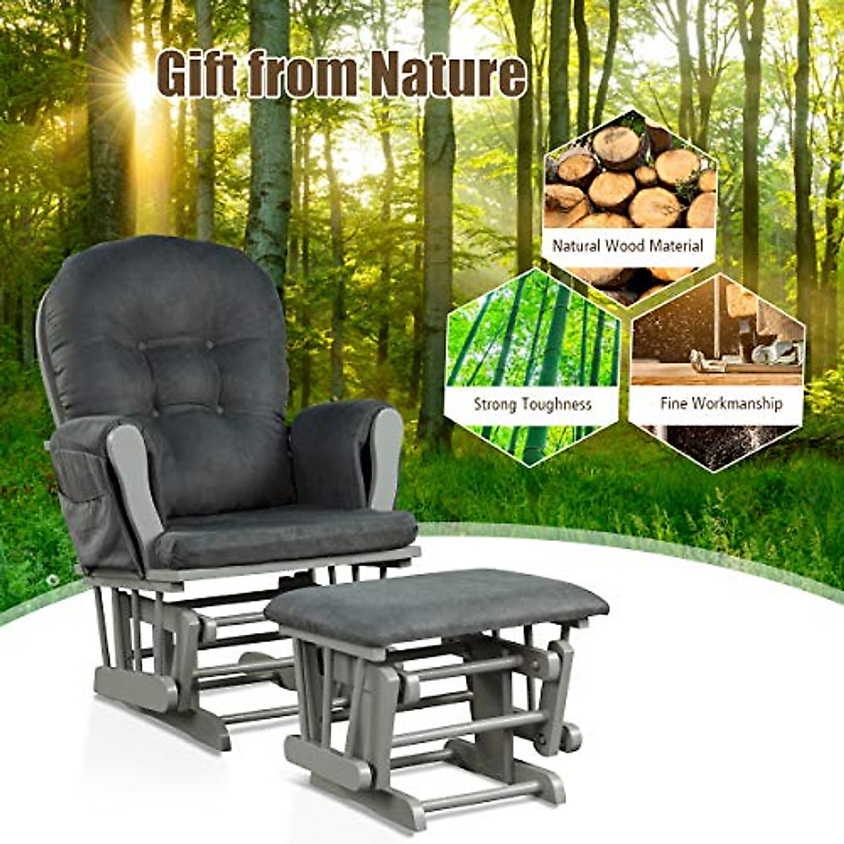 Costzon Baby Glider and Ottoman Cushion Set, Wood Baby Rocker Nursery Furniture, Upholstered Comfort Nursery Chair & Ottoman with Padded Arms (Dark Gray)