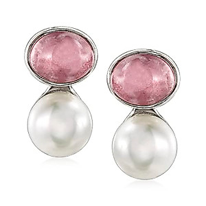 Ross-Simons 14.00 ct. t.w. Rose Quartz and 14-14.5mm Cultured Pearl Earrings in Sterling Silver