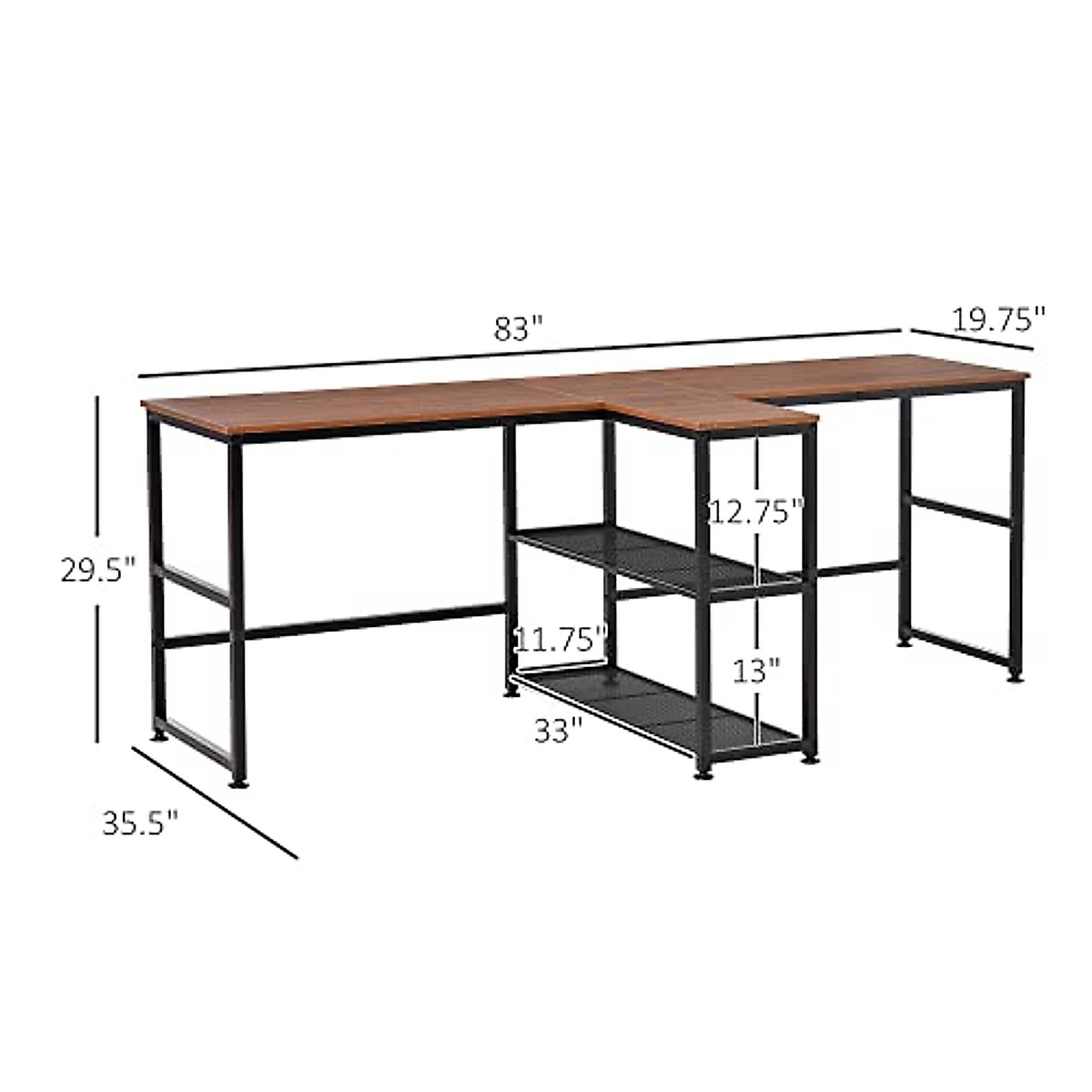 HOMCOM 83" Two Person Computer Desk with 2 Storage Shelves, Double Desk Workstation with Book Shelf, Long Desk Table for Home Office, Dark Walnut