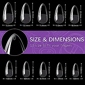 Soft Gel Nail Tips Almond - BTArtbox 500pcs Supremely Fit & No E-file Needed False Nails, Soak Off Full Cover Fake Nail Tips for Acrylic Nails Professional Extension with Case, 10 Size
